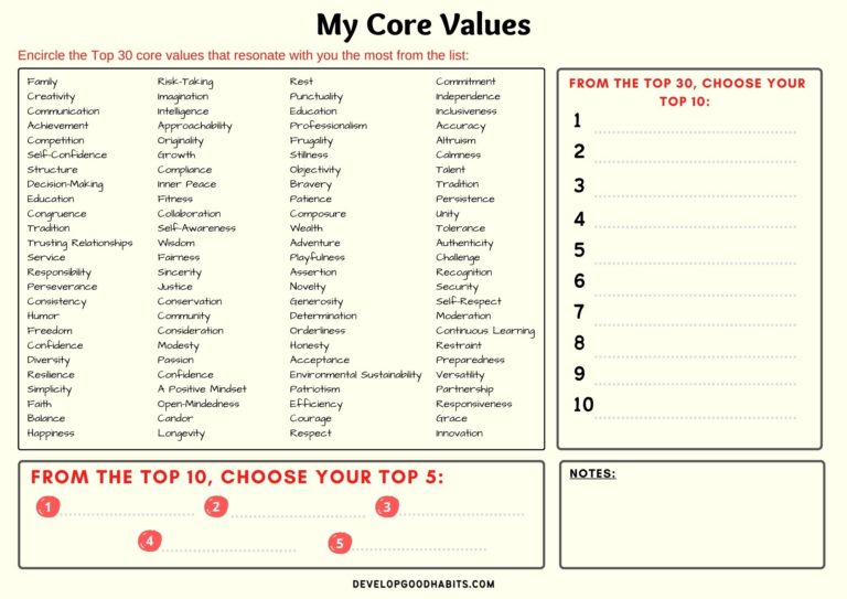 16 Worksheets for Identifying Your Core Values | Develop Good Habits
