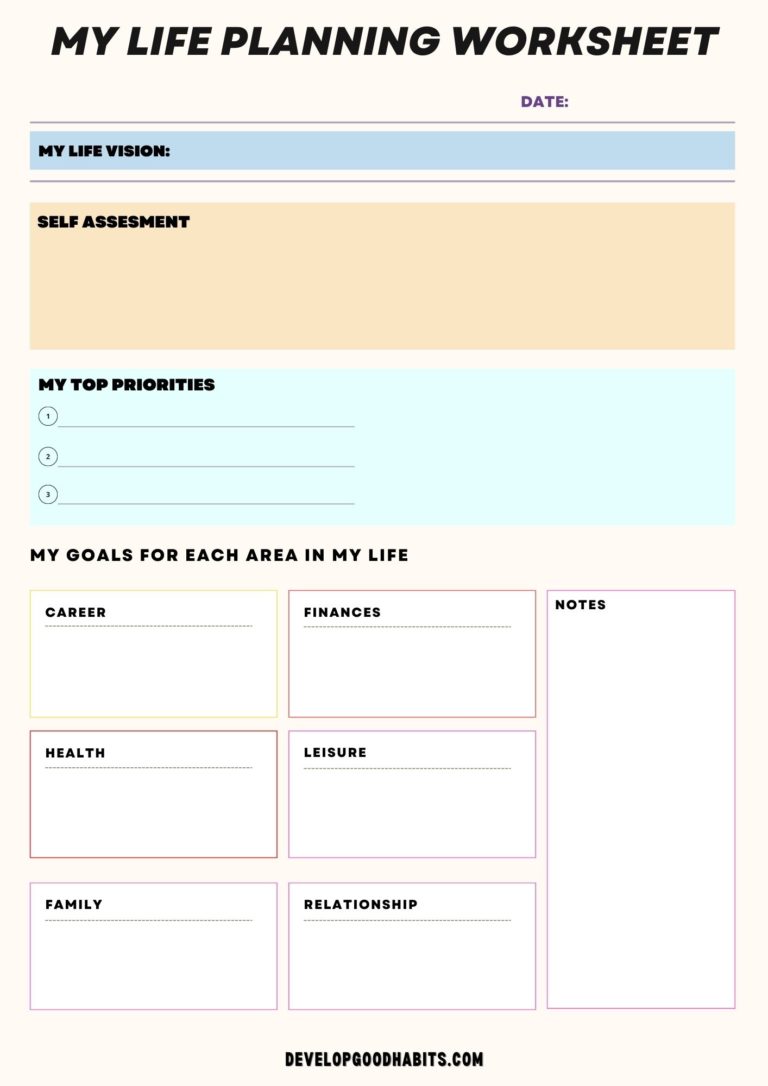 12 Printable Life Planning Worksheets & Templates – Self Help Resources